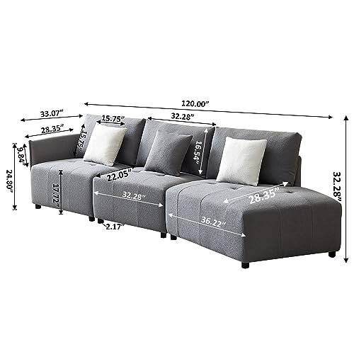Eafurn 120" Teddy Fleece Curved Chaise Lounge,Free Combination Modular Sectional Set,3 Seater Button Tufted Comfy Sofa & Couches for Living Room Bedroom Apartment with 3 Pillows, Gray