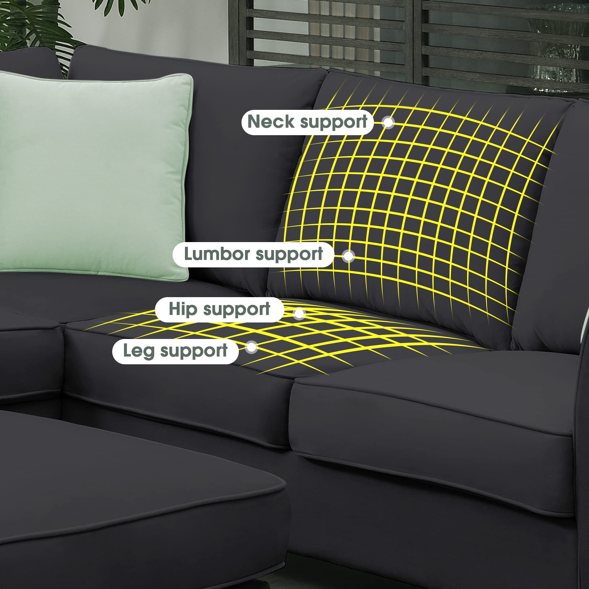 POCIYIHOME 11287" Sectional Ottoman, Convertible L Shape Fabric Corner Couch Set with 3 Pillows, 7 Seats Modular Sofa Chaise for Living Room,Office,Apartment, Polyester, Black