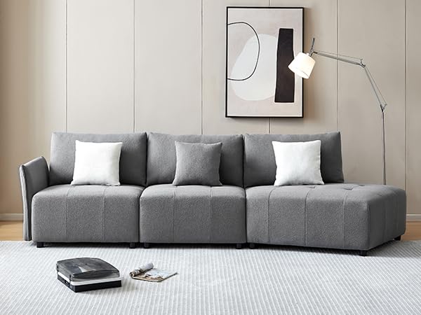 Eafurn 120" Teddy Fleece Curved Chaise Lounge,Free Combination Modular Sectional Set,3 Seater Button Tufted Comfy Sofa & Couches for Living Room Bedroom Apartment with 3 Pillows, Gray