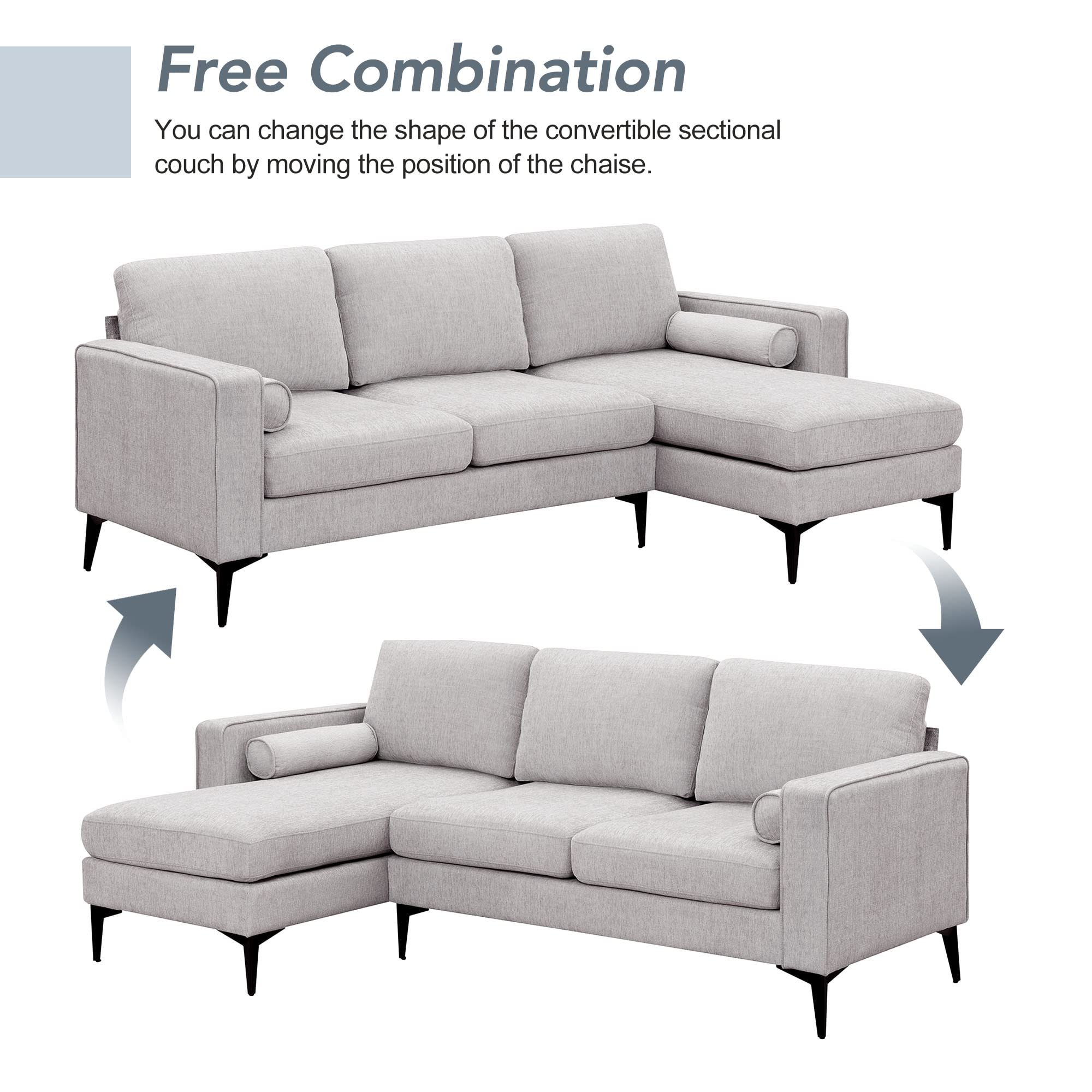 Prohon 86" L Shaped Modern Chenille Convertible Sectional Reversible Chaise Lounge and 2 Round Pillows, 4-Seat Couches Upholstered Small Space Sofas for Living Room, Apartment,Grey