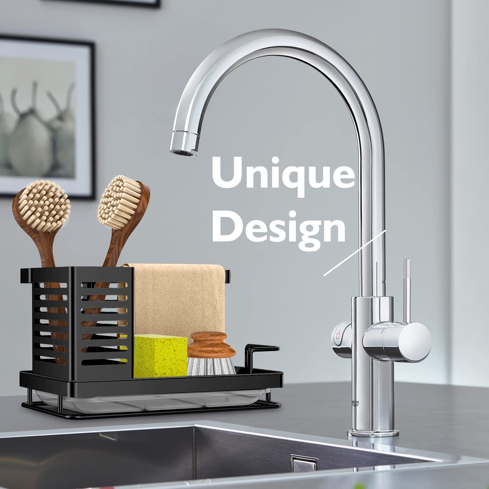 Sink Caddy, Kitchen Sink Organizer, Sponge Holder Stainless Steel Kitchen Caddy for Kitchen Sink with Removable Drain Pan Storage for Soap, Sponge, Scrubber Brush, Bottles, Dishcloth-Black
