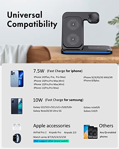 Charger Station for Apple Multiple Devices, 3 in 1 Fast Wireless Charger Stand Dock Foldable for iPhone 14 13 12 11 Pro X XS 8 Plus Apple Watch Series 8 7 6 SE 5 4 3 2 & AirPods 3/2/Pro with Adapter