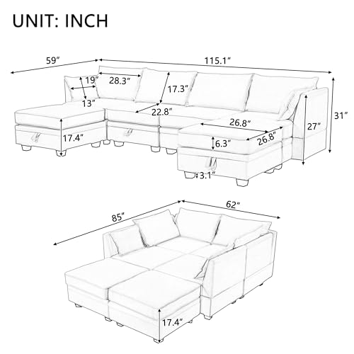 Merax U-Shape Modern Large Modular Sectional, Convertible Sofa Bed with Reversible Chaise, Beige