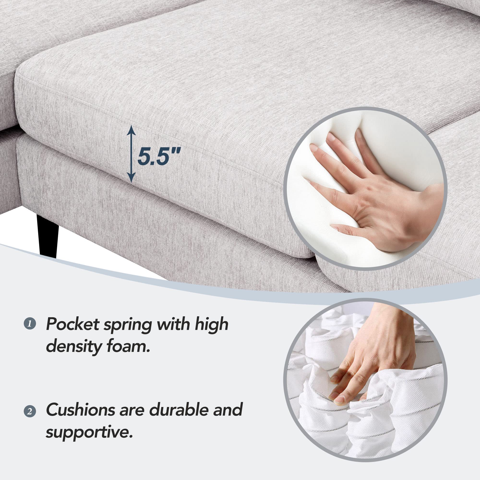 Prohon 86" L Shaped Modern Chenille Convertible Sectional Reversible Chaise Lounge and 2 Round Pillows, 4-Seat Couches Upholstered Small Space Sofas for Living Room, Apartment,Grey