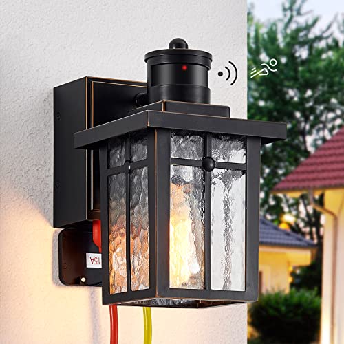 Myhaptim Porch Lights with GFCI Outlet,Dusk to Dawn Motion Sensor Outdoor Lights,3 Lighting Modes Black Front Door Lights,Waterproof Outside Wall sconces for House Patio Garage