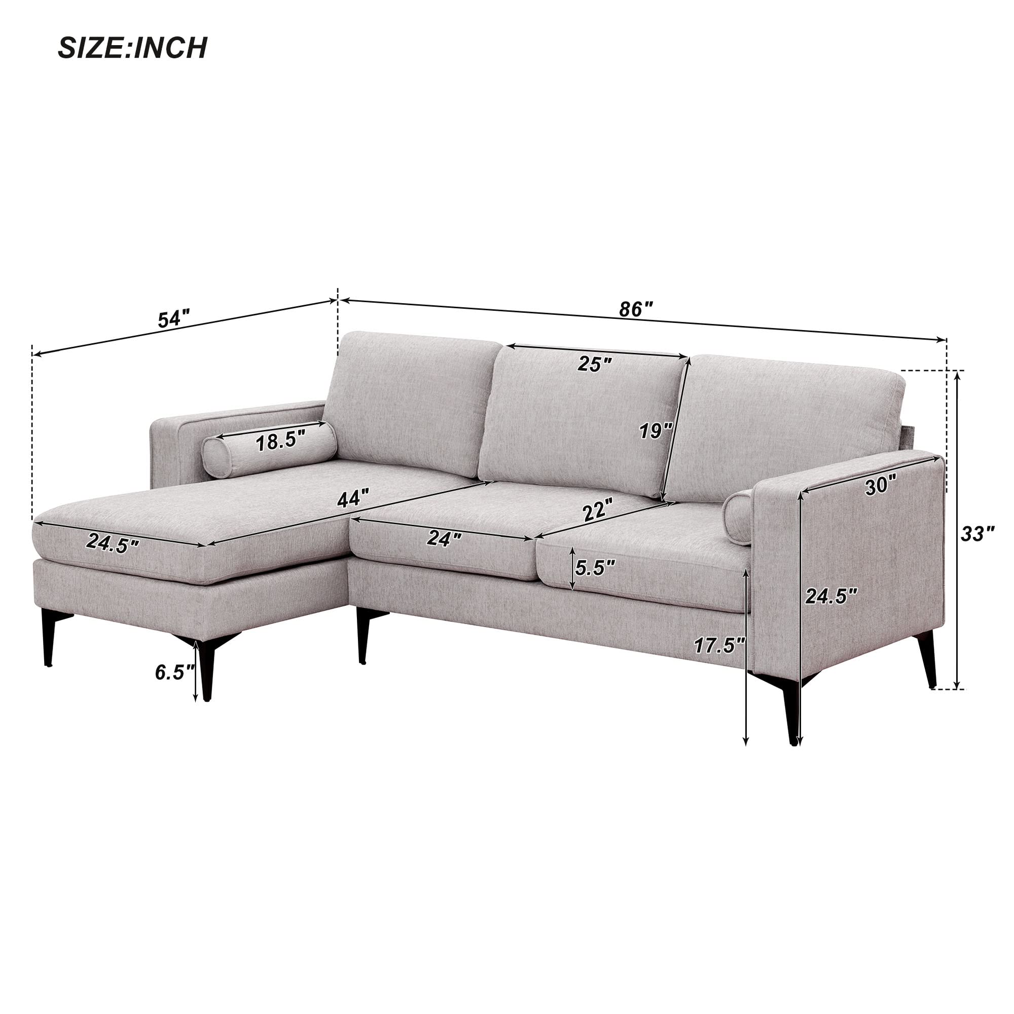 Prohon 86" L Shaped Modern Chenille Convertible Sectional Reversible Chaise Lounge and 2 Round Pillows, 4-Seat Couches Upholstered Small Space Sofas for Living Room, Apartment,Grey