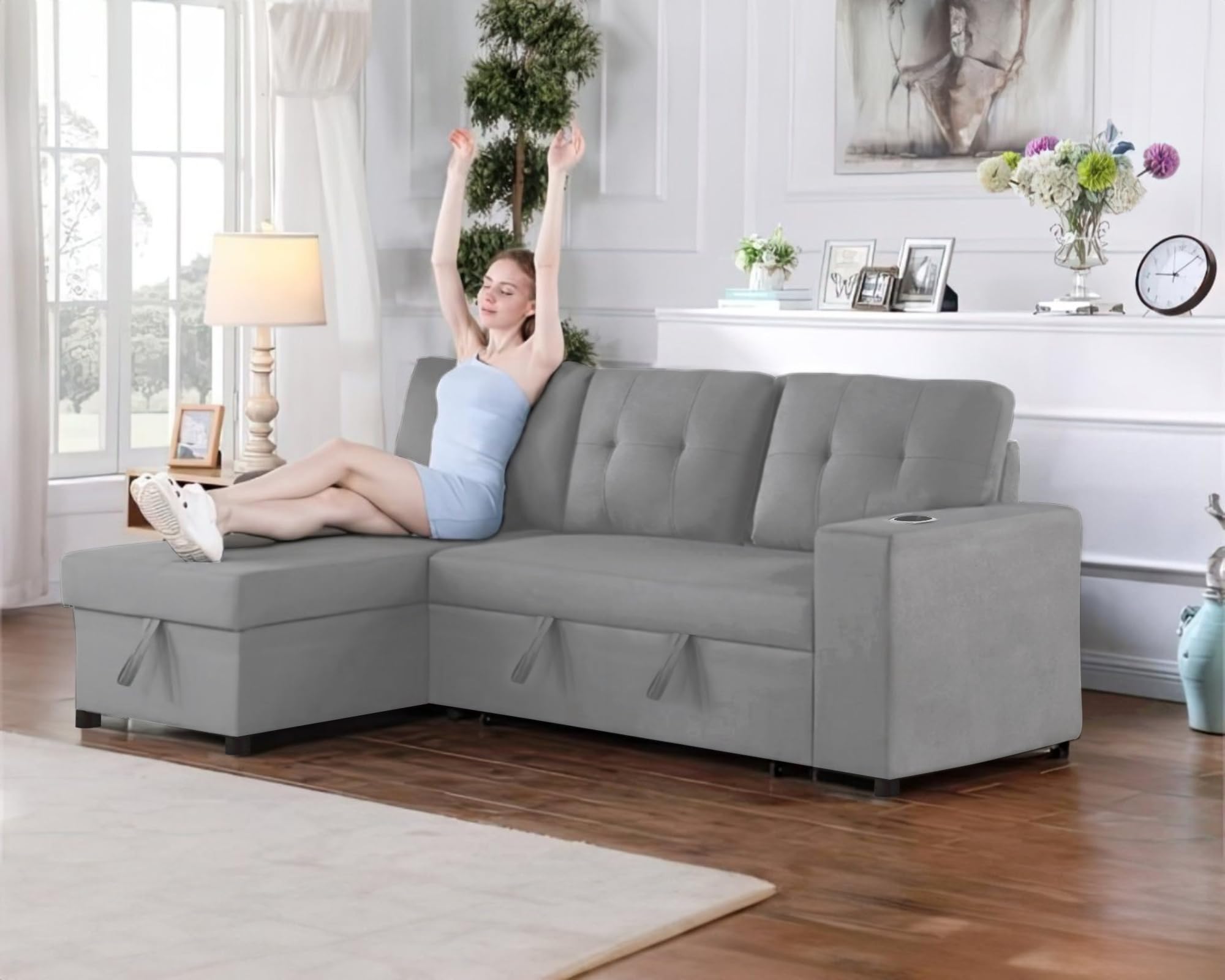 yoyomax L Shaped Sofa-82'' Sectional Sofa with Storage Chaises & Cup Holders, Pull Out Bed & Storage Space for Living Room, Apartment and Office, Light Grey(Left)
