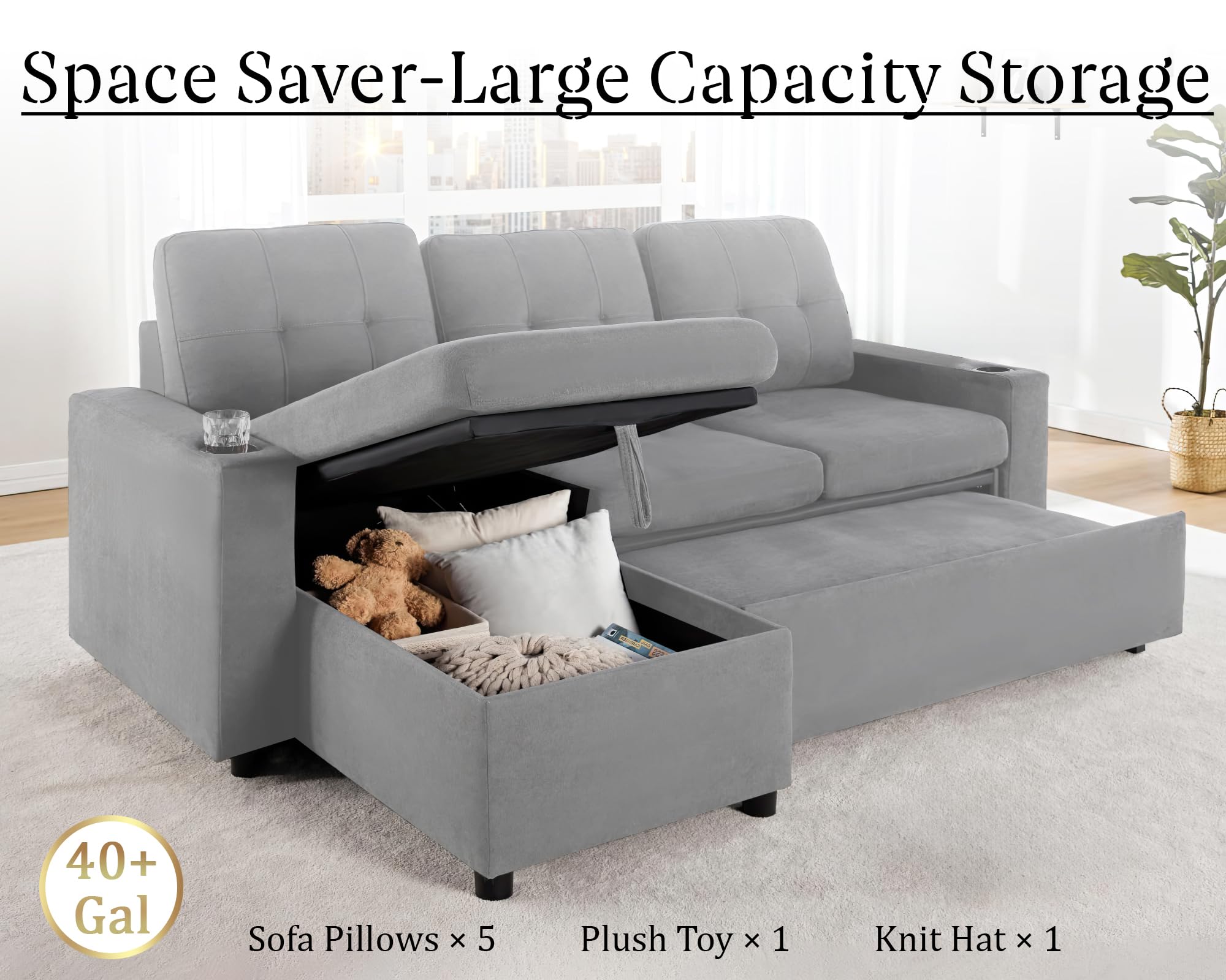 yoyomax L Shaped Sofa-82'' Sectional Sofa with Storage Chaises & Cup Holders, Pull Out Bed & Storage Space for Living Room, Apartment and Office, Light Grey(Left)