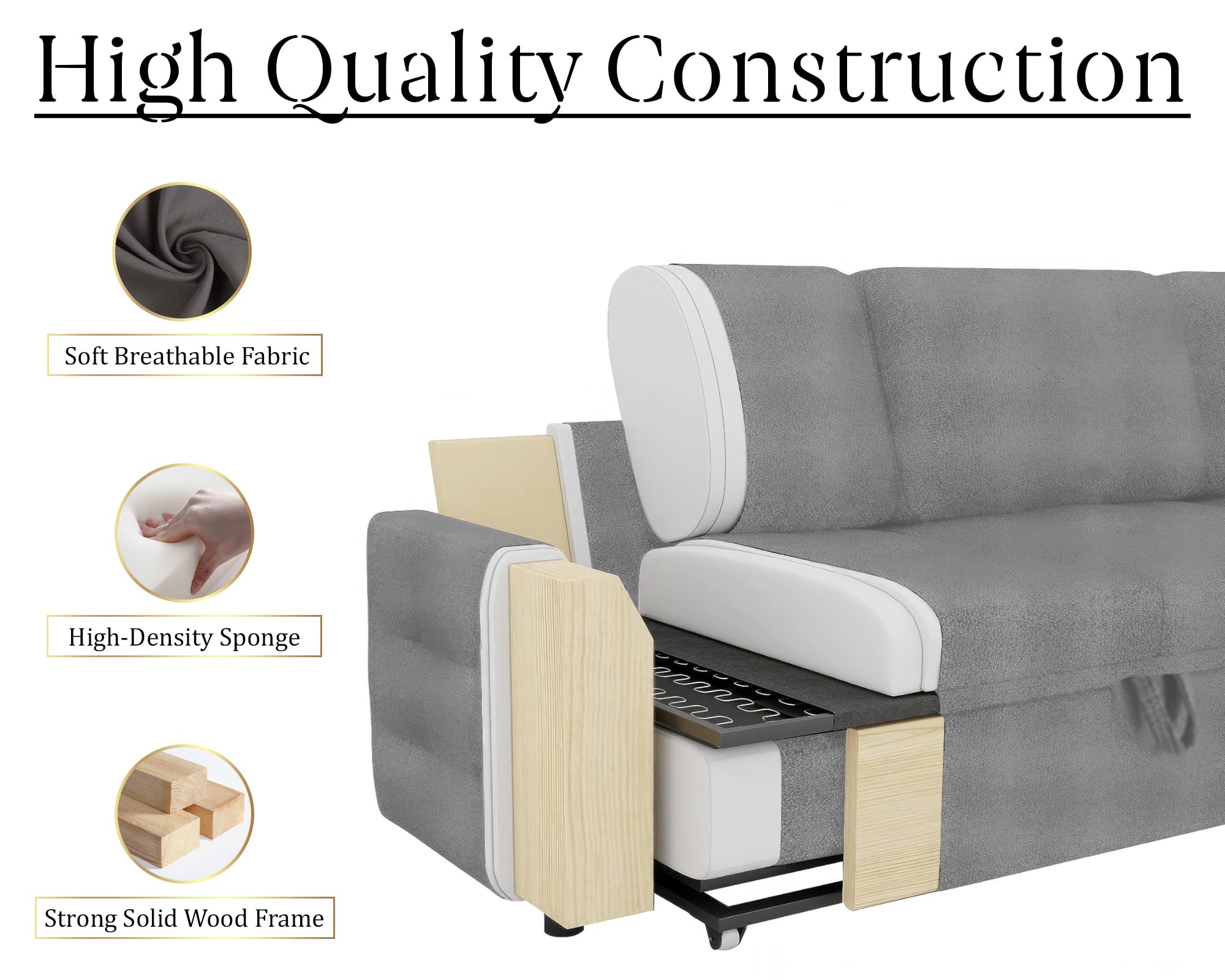 yoyomax L Shaped Sofa-82'' Sectional Sofa with Storage Chaises & Cup Holders, Pull Out Bed & Storage Space for Living Room, Apartment and Office, Light Grey(Left)
