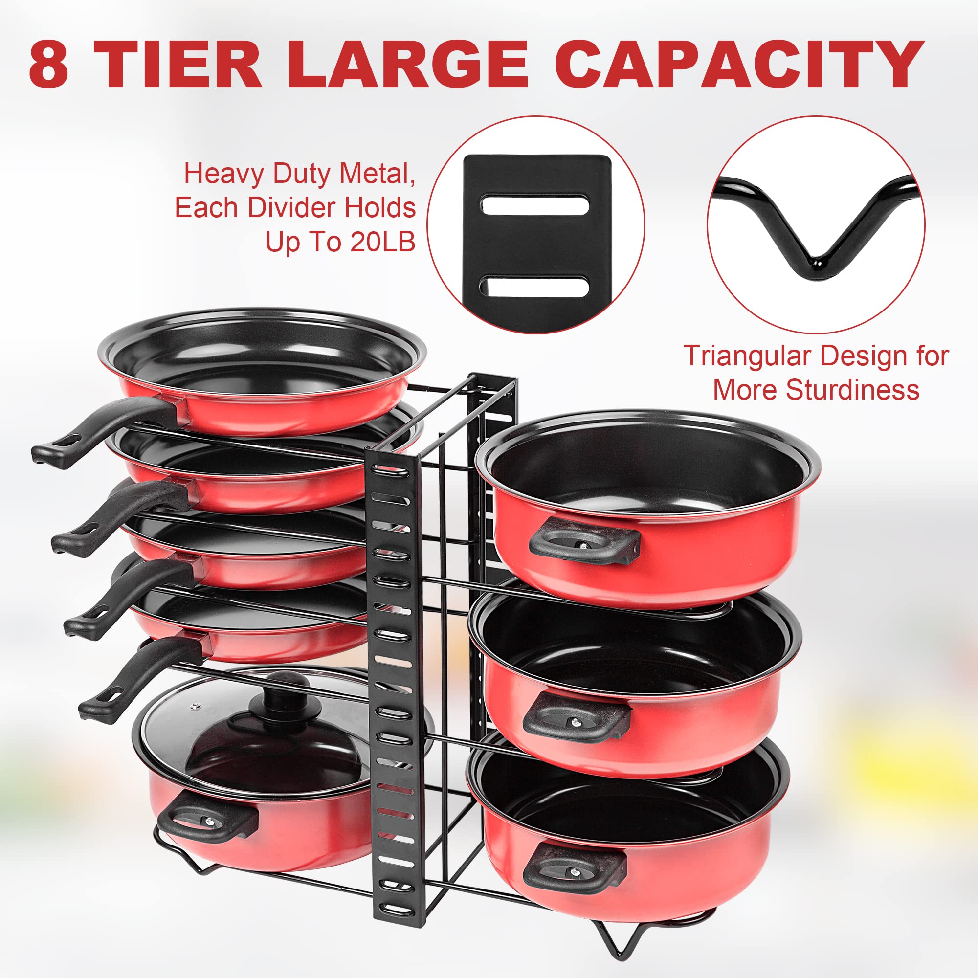 The Fine Living Co. 8 Tier, 3 DIY Methods Pots and Pans Metal Organizer for Cabinet, Pot Storage Organizer Rack, Pan Pot Rack for Kitchen Cabinet Organizer and Storage (Black)