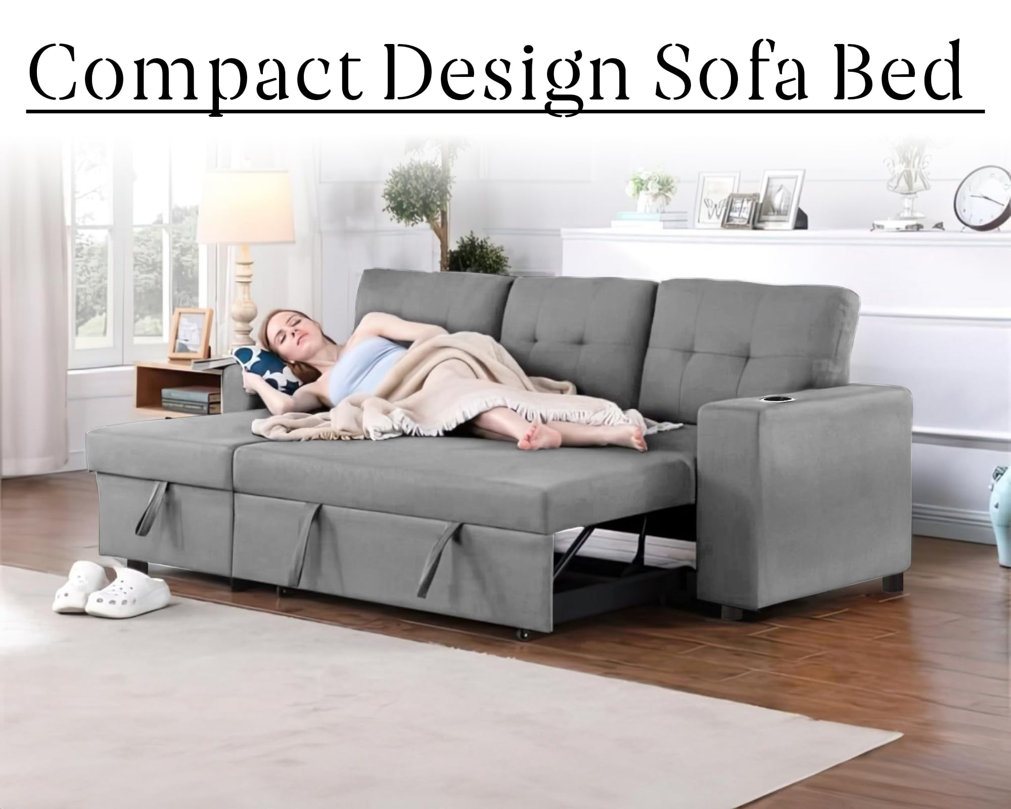 yoyomax L Shaped Sofa-82'' Sectional Sofa with Storage Chaises & Cup Holders, Pull Out Bed & Storage Space for Living Room, Apartment and Office, Light Grey(Left)