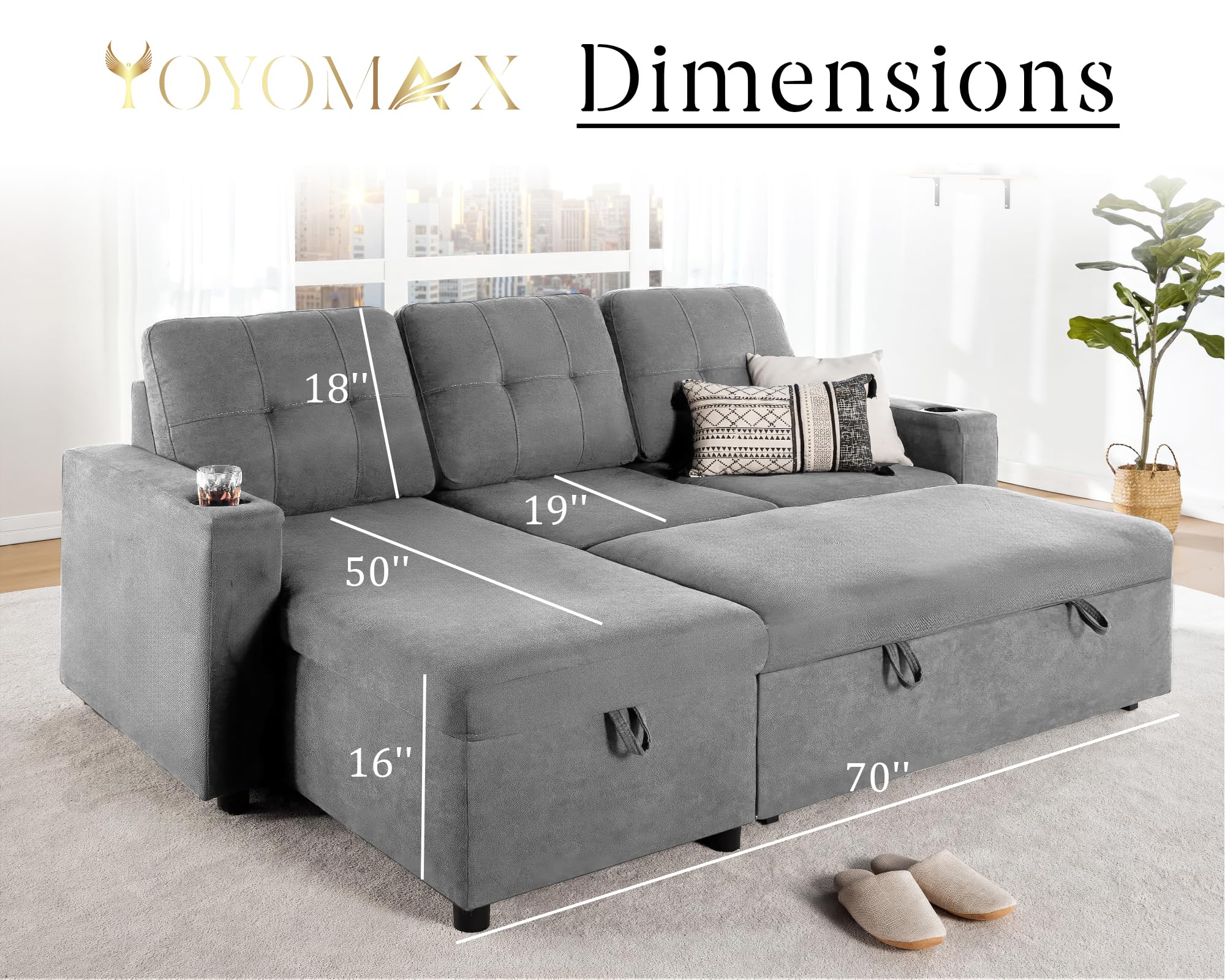 yoyomax L Shaped Sofa-82'' Sectional Sofa with Storage Chaises & Cup Holders, Pull Out Bed & Storage Space for Living Room, Apartment and Office, Light Grey(Left)
