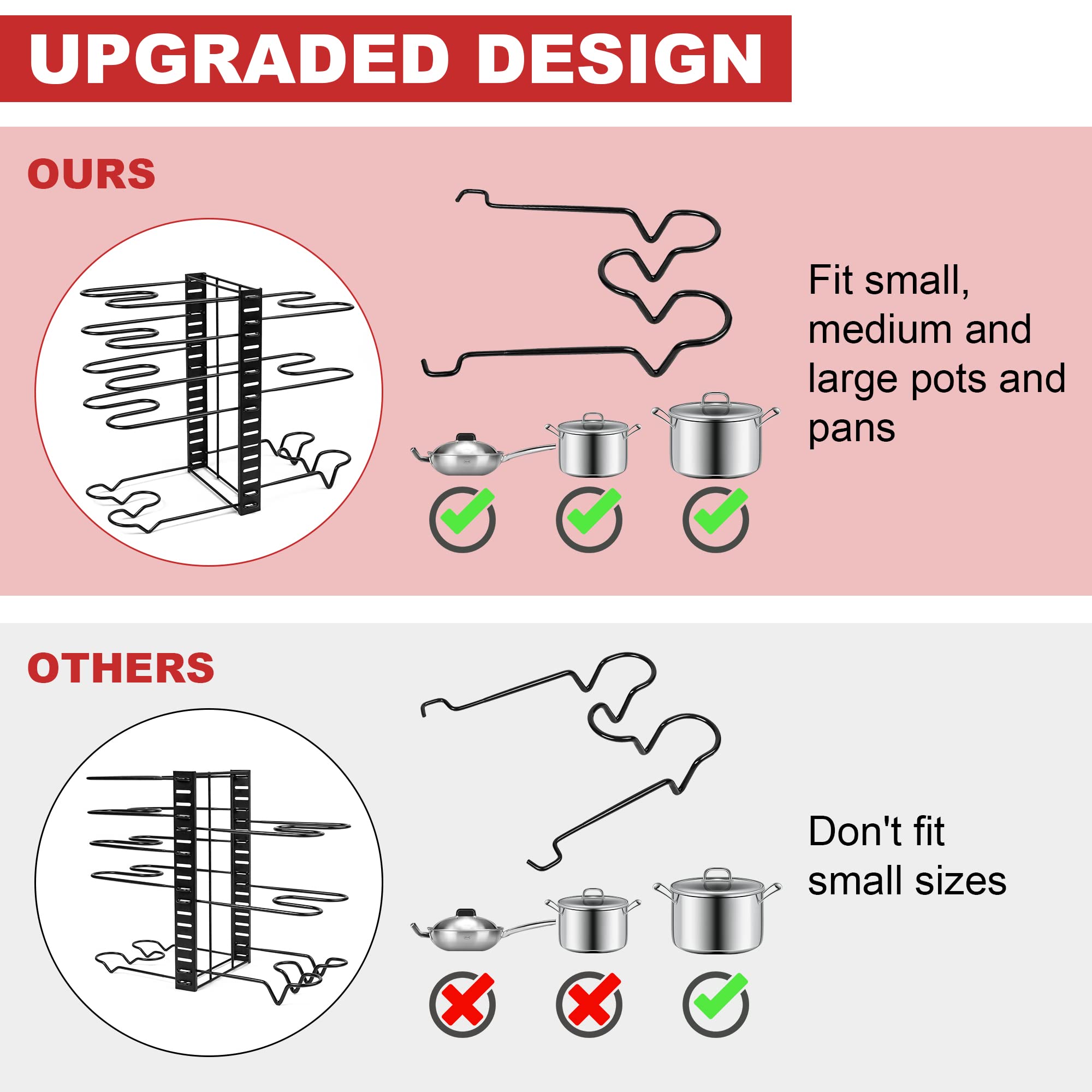 The Fine Living Co. 8 Tier, 3 DIY Methods Pots and Pans Metal Organizer for Cabinet, Pot Storage Organizer Rack, Pan Pot Rack for Kitchen Cabinet Organizer and Storage (Black)