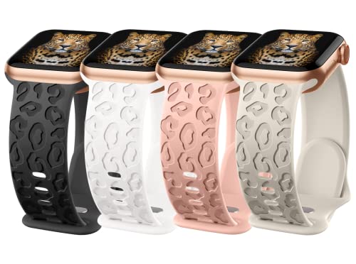 CreateGreat Engraved Bands Compatible with Apple Watch Band 41mm 40mm 38mm, Leopard Carve Pattern Soft Silicone Strap Compatible with iWatch Series 8 7 6 5 4 3 2 1 SE, Women Men,Leopard.4PCS-A
