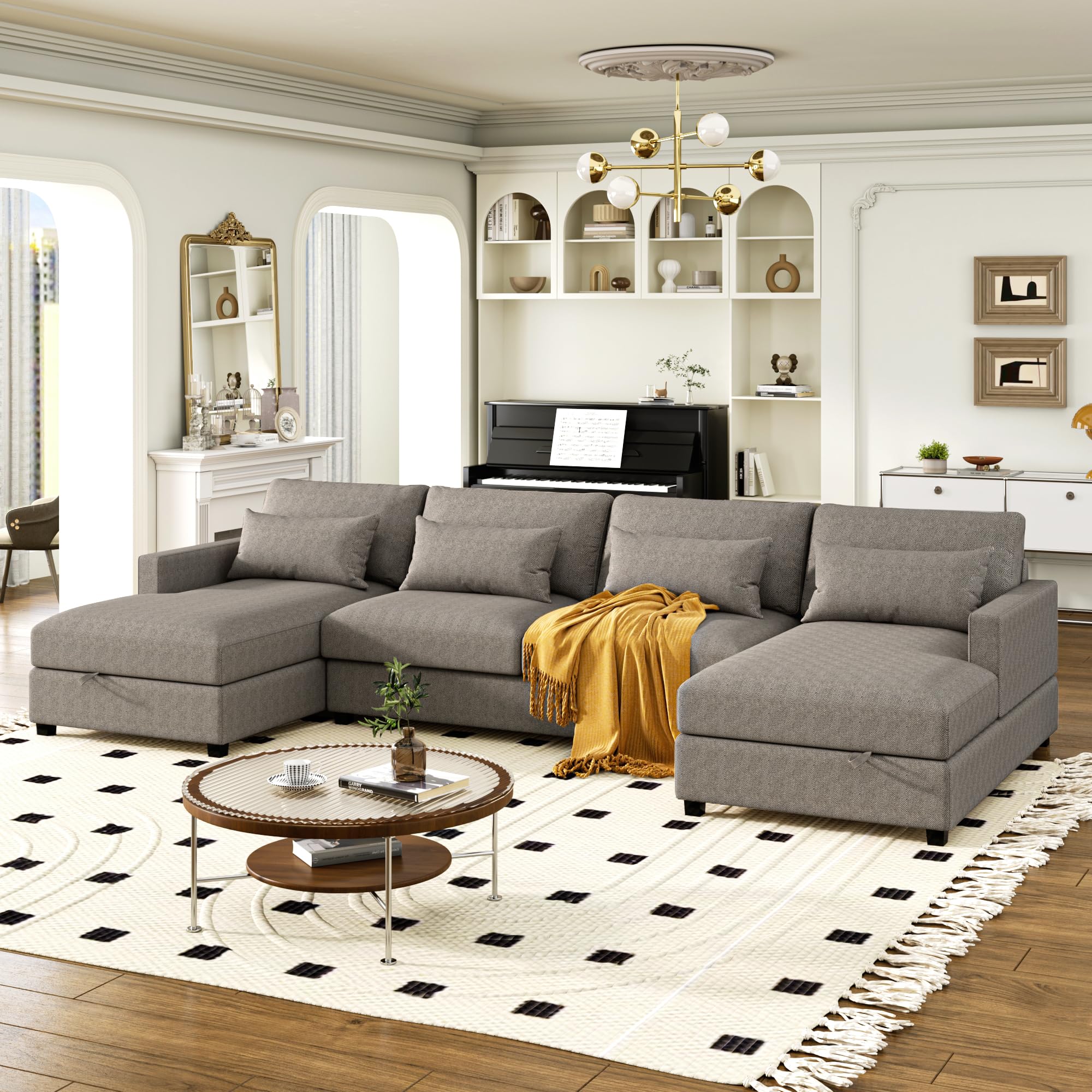 Eafurn U-Shaped Symmetrical Sectional Sofa with Storage Chaise Lounge,128.3" Oversized Corner Couches with Detachable Cushion,6-Seater Sofa&Couches for Living Room Furniture Sets, 4 Lumbar Pillows