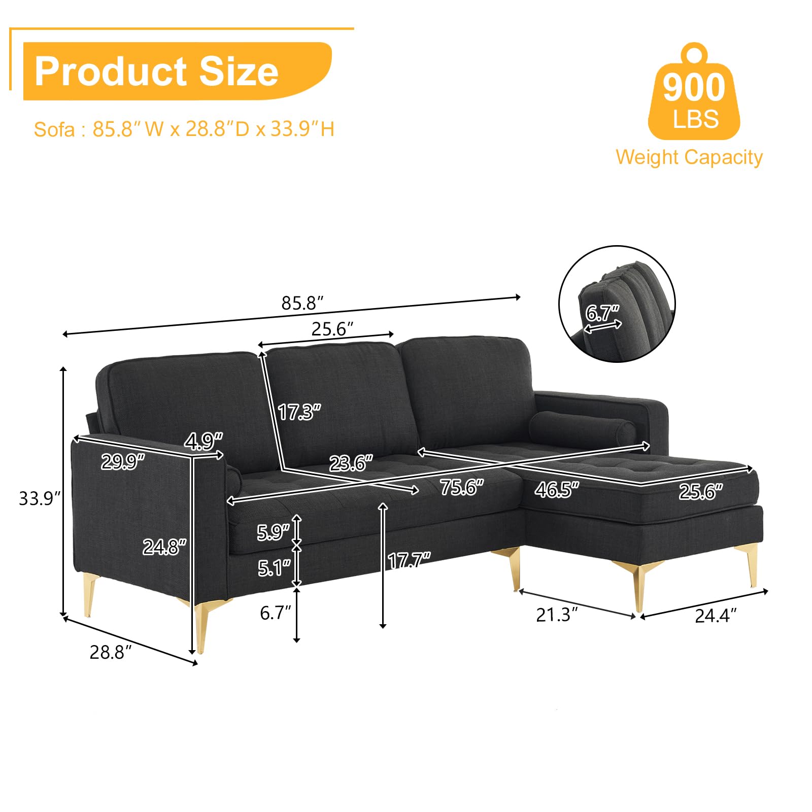 Karl home L-Shape Sectional Sofa Linen Fabric Sofa Couch Living Room Futon Couch with Reversible Chaise, Lattice Decored Seat Cushion, Black