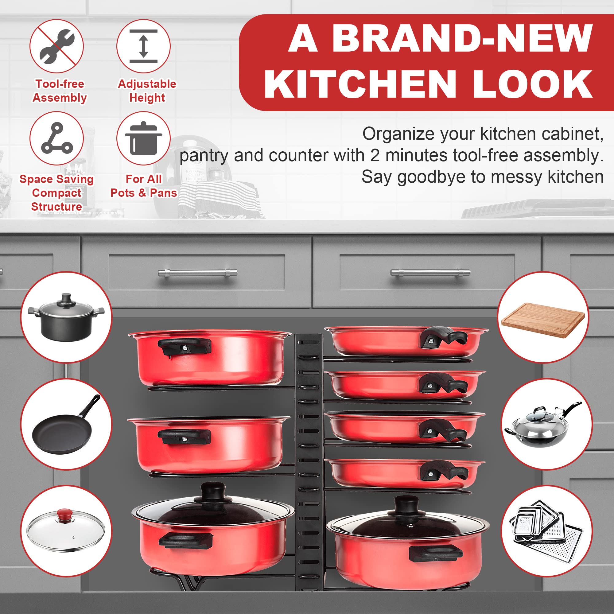 The Fine Living Co. 8 Tier, 3 DIY Methods Pots and Pans Metal Organizer for Cabinet, Pot Storage Organizer Rack, Pan Pot Rack for Kitchen Cabinet Organizer and Storage (Black)
