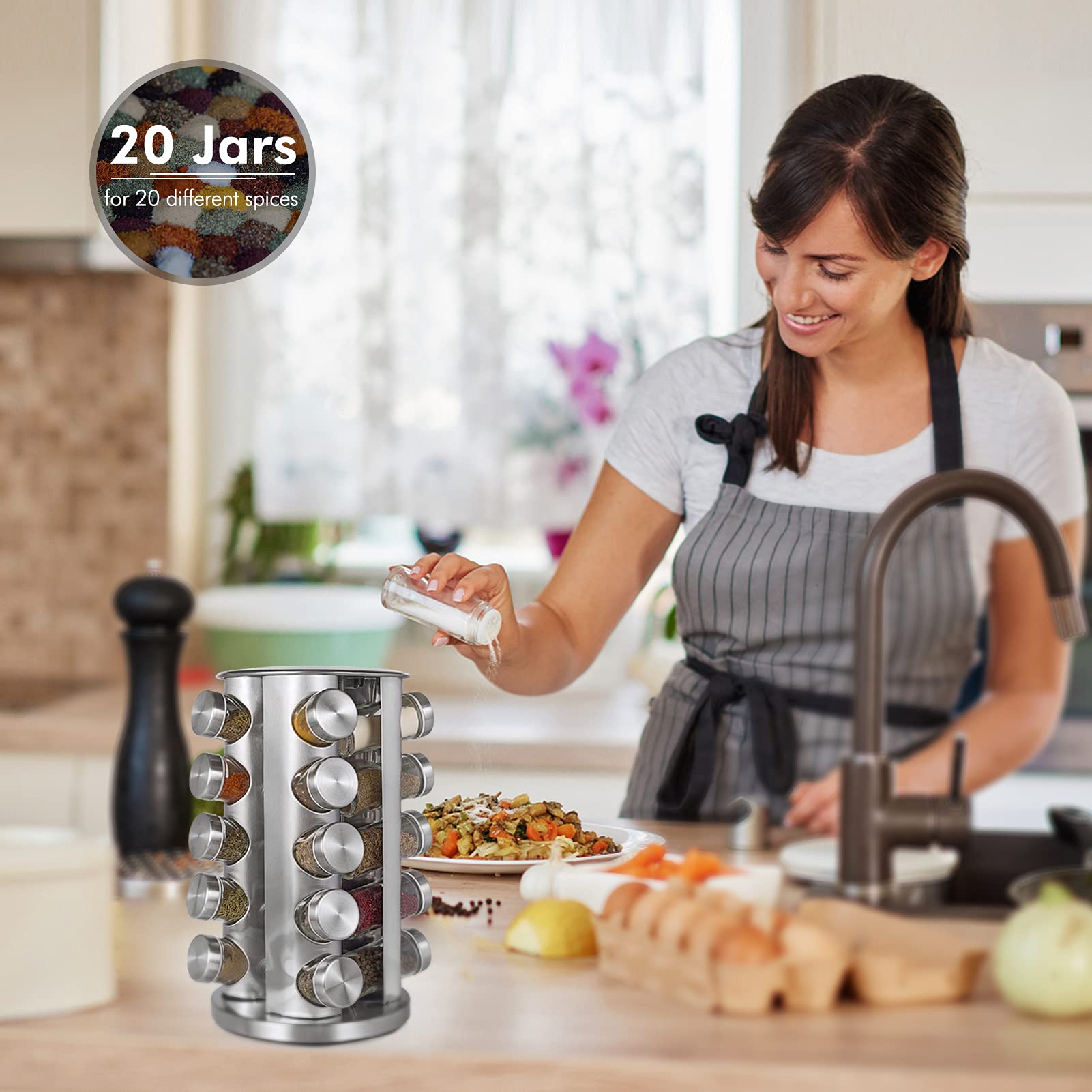 Baker Boutique Spice Rack, Spice Rack Organizer for Countertop, Rotating Spice Rack with Jars, Spinning Spice Rack Shelf, Revolving Spice Rack for Kitchen (Silver)