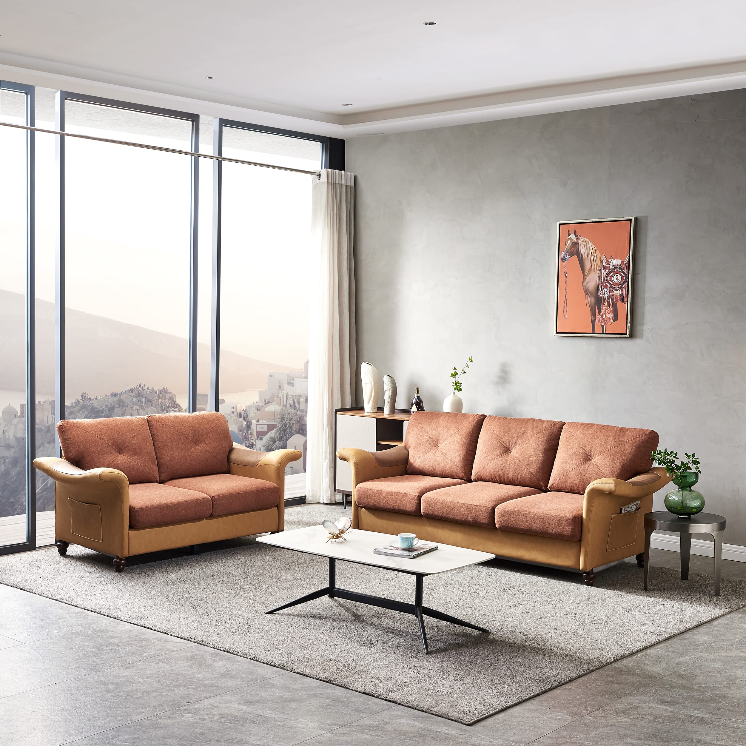 Myshle 2+3 Sectional Storage, Sleeper Couch Chaise with Curved Arm, Upholstered Sofa with Seat Cushion and Wood Legs for Living Room,Bedroom,Office, Linen Fabric, Faux Leather, Red Brown