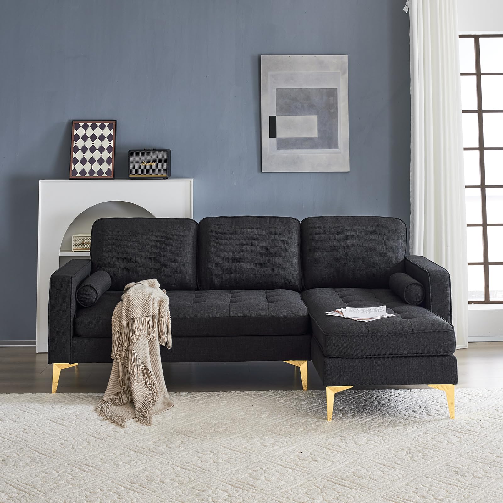 Karl home L-Shape Sectional Sofa Linen Fabric Sofa Couch Living Room Futon Couch with Reversible Chaise, Lattice Decored Seat Cushion, Black