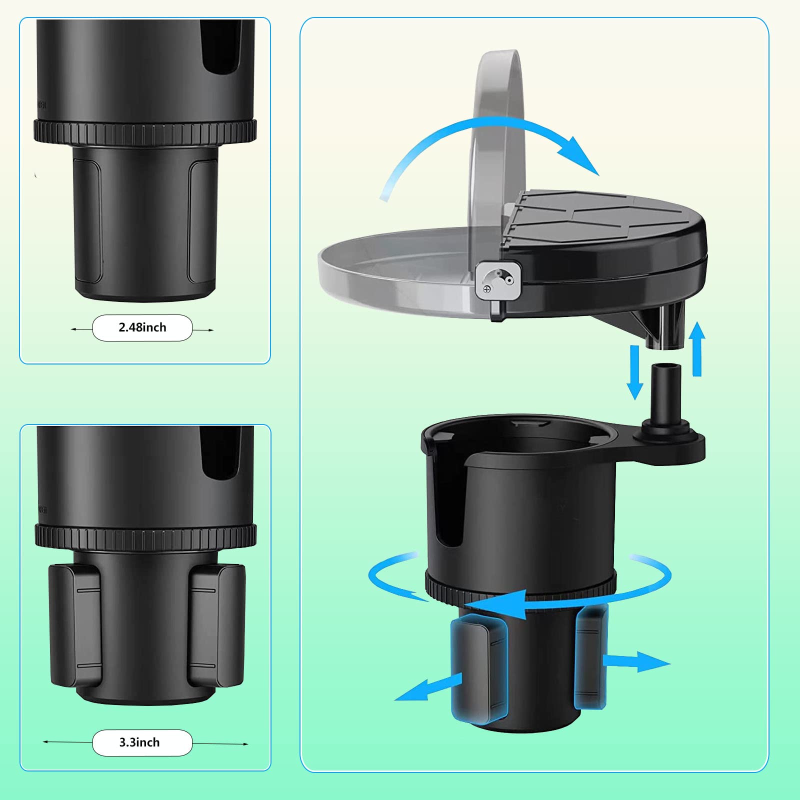Cup-Holder Tray Drink-Holder Expander for Car - Enjoy Your Meal - Cup Holder Extender with Solid Base for Car - 7.8 inch Car Round Food Detachable Eating Tray Table and Holder for Yeti, standly, etc