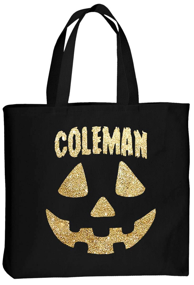 COLEMAN Name Reflective Glitter Halloween Tote Sturdy Candy Bag with Pumpkin Jack O Lantern