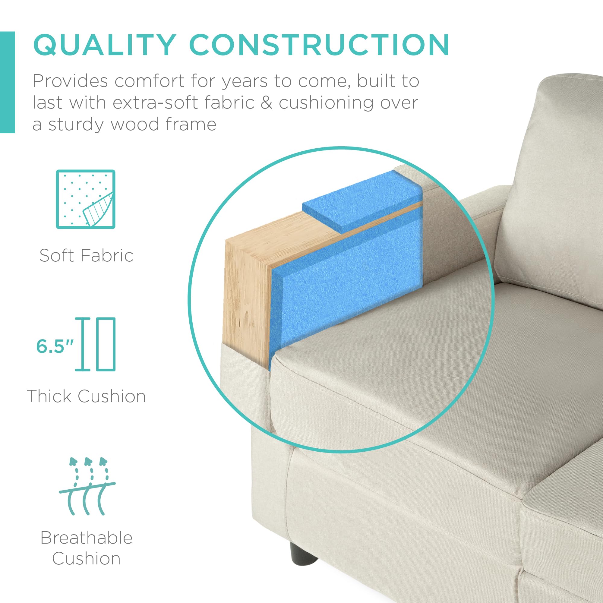 Best Choice Products Upholstered Sectional Sofa for Home, Apartment, Dorm, Bonus Room, Compact Spaces w/Chaise Lounge, 3-Seat, L-Shape Design, Reversible Ottoman Bench, 680lb Capacity - Beige
