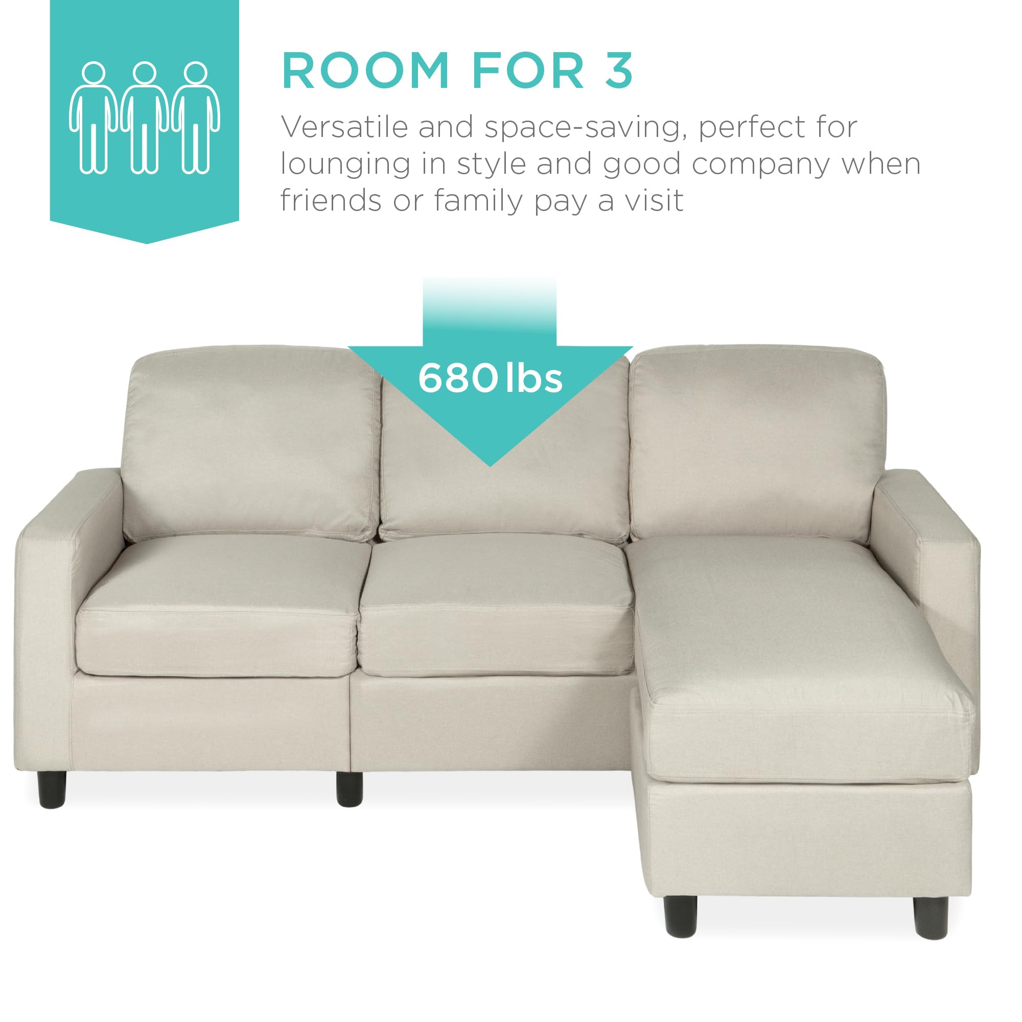 Best Choice Products Upholstered Sectional Sofa for Home, Apartment, Dorm, Bonus Room, Compact Spaces w/Chaise Lounge, 3-Seat, L-Shape Design, Reversible Ottoman Bench, 680lb Capacity - Beige