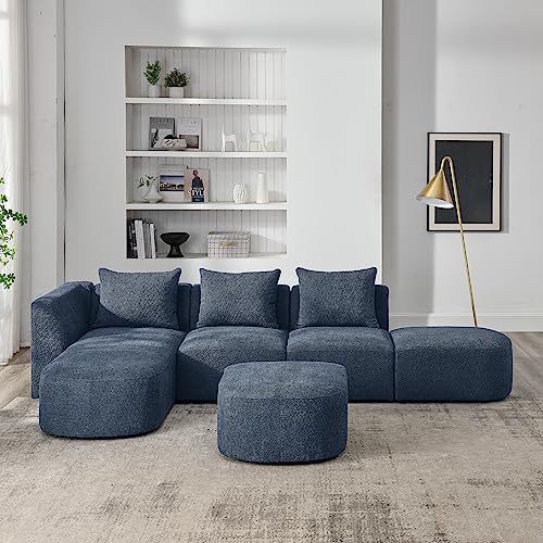 Free Combination Upholstered Reversible Modular Sectional Sofa,Rearrangeable L-Shaped Corner Cloud Deep Sofá with Left Side Chaise,Ottoman and Waist Pillows for Living Room Office Furniture Set