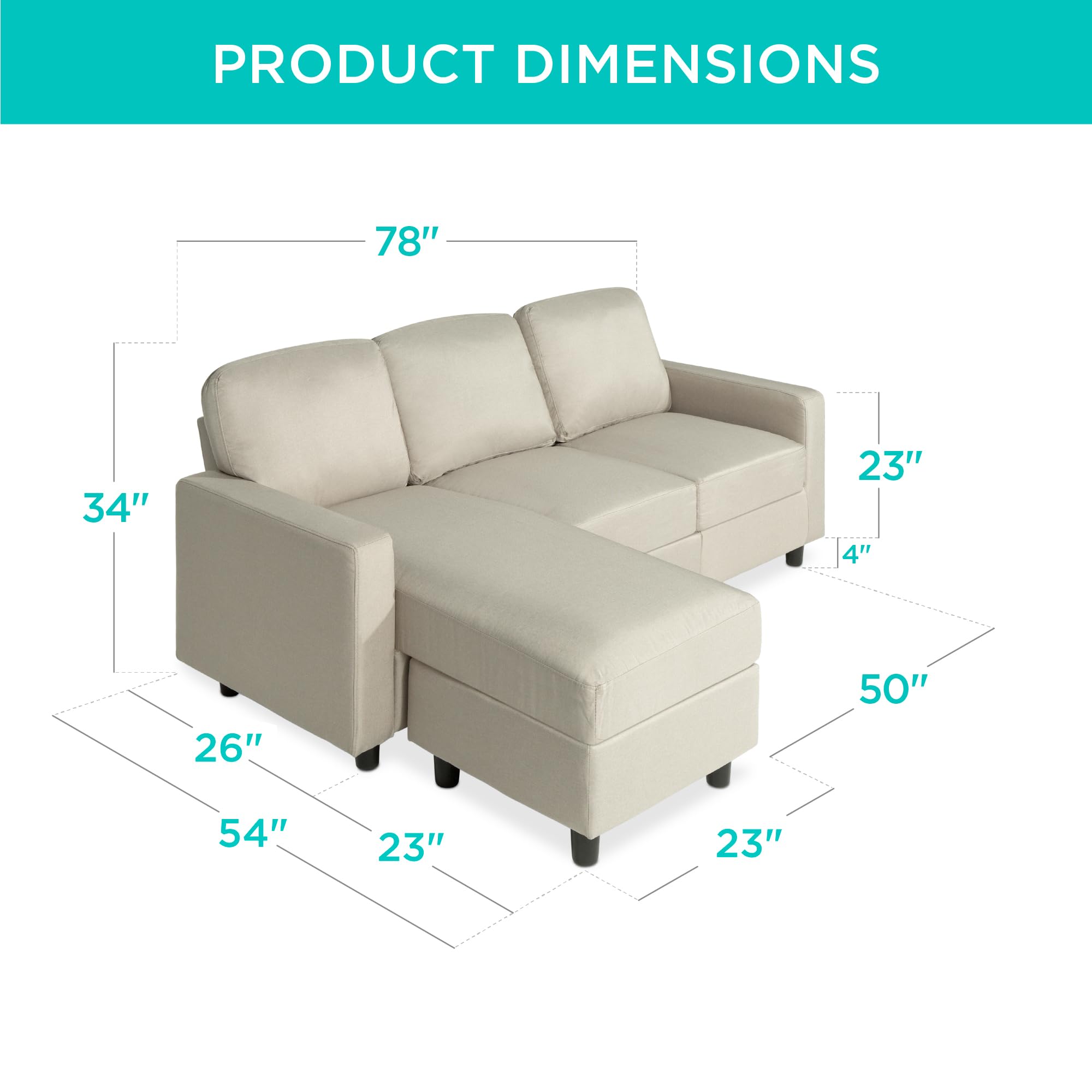 Best Choice Products Upholstered Sectional Sofa for Home, Apartment, Dorm, Bonus Room, Compact Spaces w/Chaise Lounge, 3-Seat, L-Shape Design, Reversible Ottoman Bench, 680lb Capacity - Beige