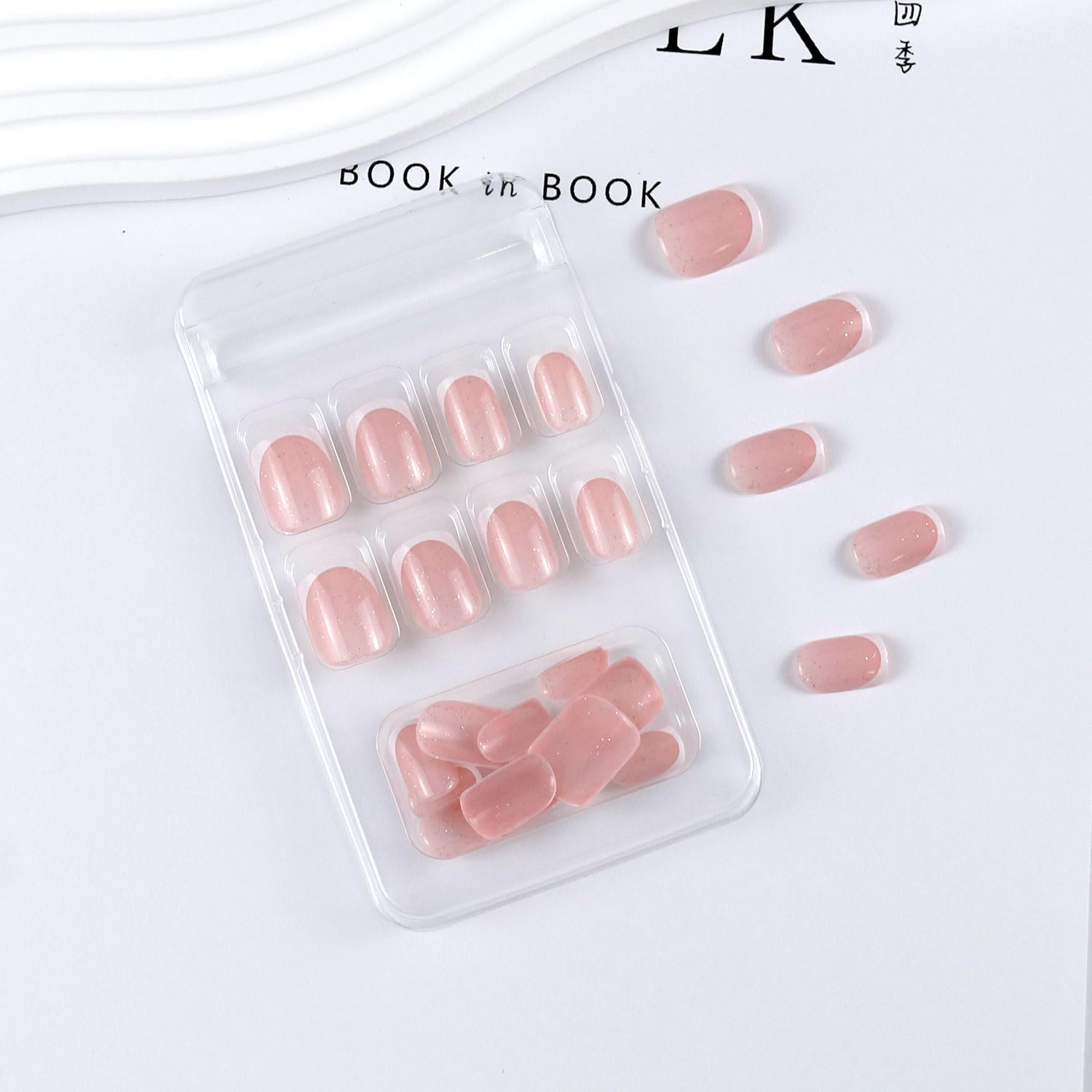BFY French Press on Nails Short Square Fake Nails, Classic White French Tip Acrylic Nails, Glitter Nude Glossy Gel False Nails Kits Salon Quality Stick Glue on Nails Tip 24 Pcs
