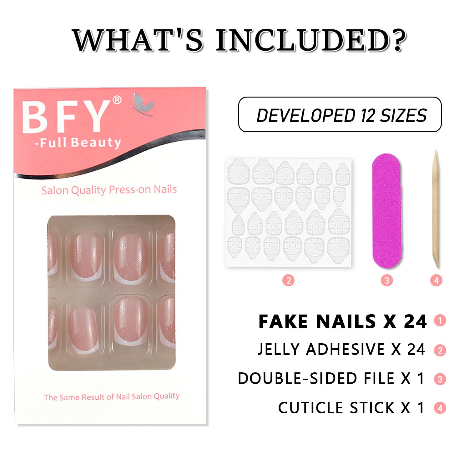 BFY French Press on Nails Short Square Fake Nails, Classic White French Tip Acrylic Nails, Glitter Nude Glossy Gel False Nails Kits Salon Quality Stick Glue on Nails Tip 24 Pcs