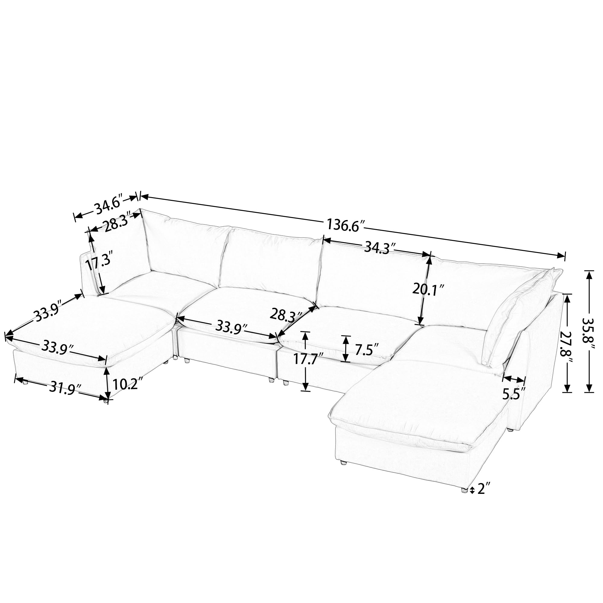 Aiuyesuo Modern Large U-Shape 6-Seat Sectional Sofa, Modular Sectional Sofa, 2 Large Chaise with Removable Ottomans, Thickened Cushion Back for Living Room,Home,Office (Beige-UUL2)