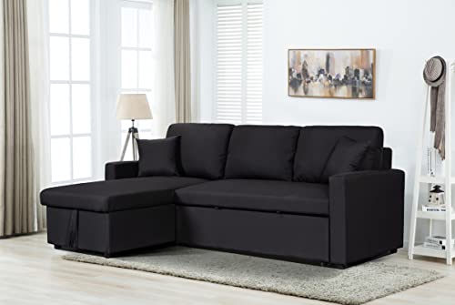 Lovtimber Sectional Sofa with Storage Chaise, L-Shape Linen Reversible Sleeper Corner Couch with 2 Pillows, Pull-Out SofaBed for Home Furniture, Living Room, Apartment, Dorm, Black, 57 Inch