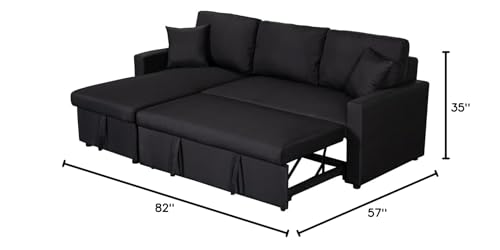 Lovtimber Sectional Sofa with Storage Chaise, L-Shape Linen Reversible Sleeper Corner Couch with 2 Pillows, Pull-Out SofaBed for Home Furniture, Living Room, Apartment, Dorm, Black, 57 Inch