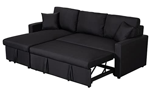 Lovtimber Sectional Sofa with Storage Chaise, L-Shape Linen Reversible Sleeper Corner Couch with 2 Pillows, Pull-Out SofaBed for Home Furniture, Living Room, Apartment, Dorm, Black, 57 Inch