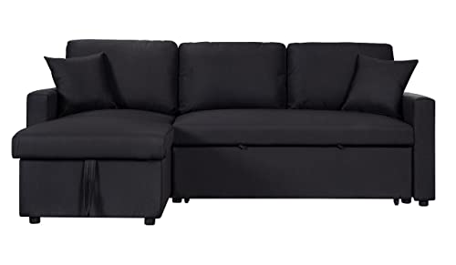 Lovtimber Sectional Sofa with Storage Chaise, L-Shape Linen Reversible Sleeper Corner Couch with 2 Pillows, Pull-Out SofaBed for Home Furniture, Living Room, Apartment, Dorm, Black, 57 Inch