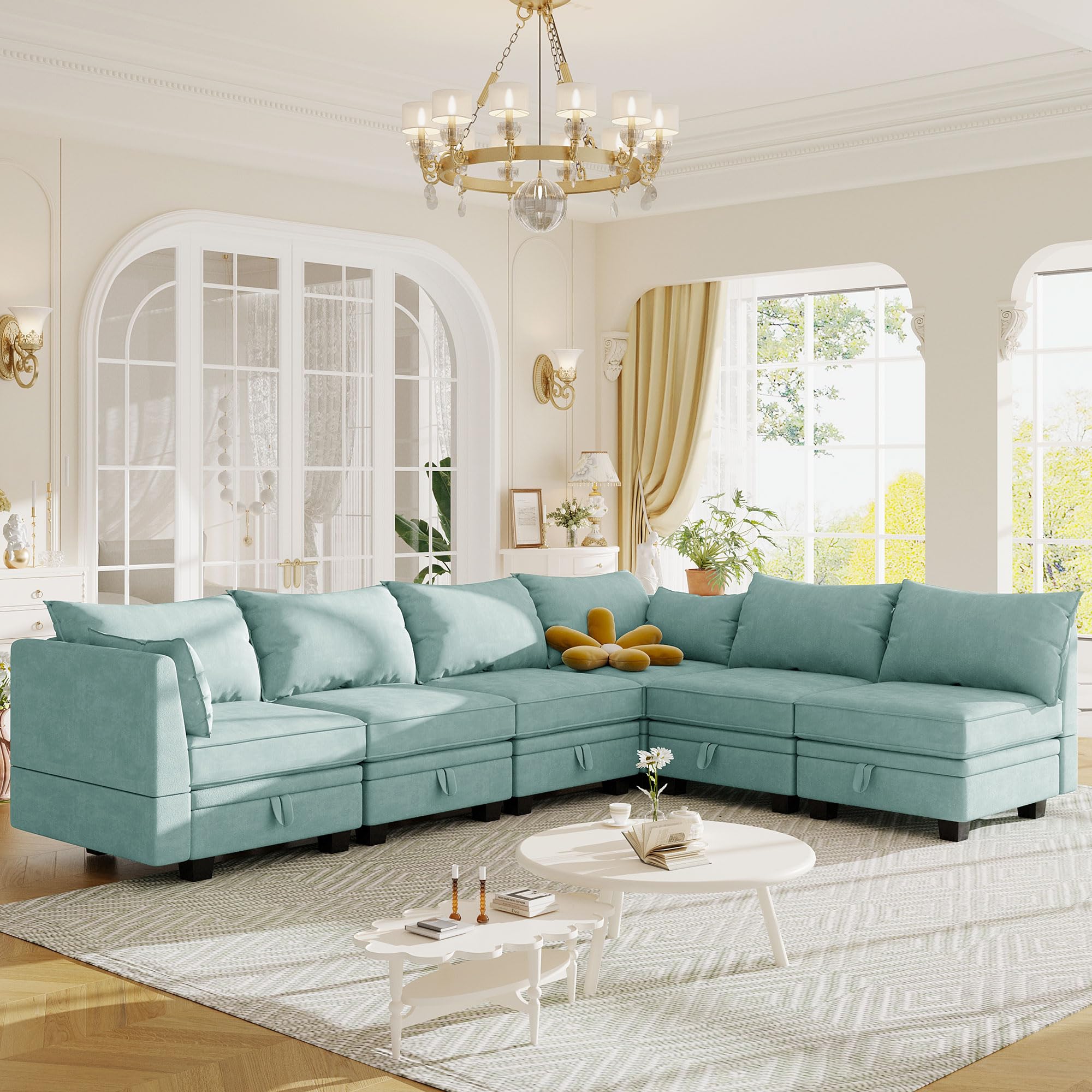 VilroCaz Modern Large U-Shape Modular Sectional Sofa Couch, Polyester Linen Convertible Sofa Bed with Reversible Chaise and 6 Storage Seat for Living Room Apartments Office (Light Green-115a)