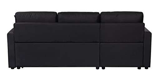 Lovtimber Sectional Sofa with Storage Chaise, L-Shape Linen Reversible Sleeper Corner Couch with 2 Pillows, Pull-Out SofaBed for Home Furniture, Living Room, Apartment, Dorm, Black, 57 Inch