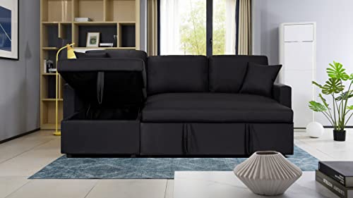 Lovtimber Sectional Sofa with Storage Chaise, L-Shape Linen Reversible Sleeper Corner Couch with 2 Pillows, Pull-Out SofaBed for Home Furniture, Living Room, Apartment, Dorm, Black, 57 Inch