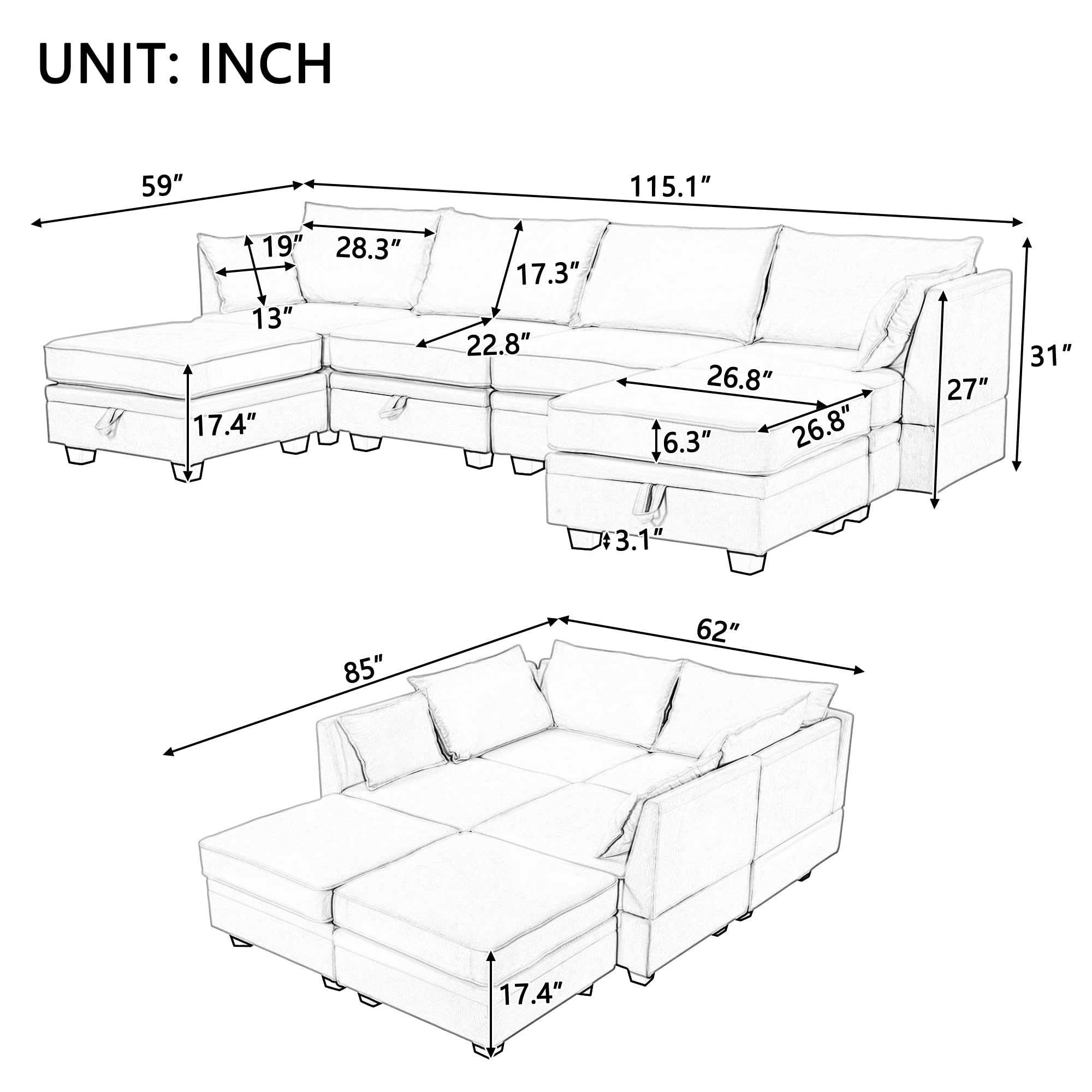 VilroCaz Modern Large U-Shape Modular Sectional Sofa Couch, Polyester Linen Convertible Sofa Bed with Reversible Chaise and 6 Storage Seat for Living Room Apartments Office (Light Green-115a)