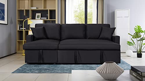 Lovtimber Sectional Sofa with Storage Chaise, L-Shape Linen Reversible Sleeper Corner Couch with 2 Pillows, Pull-Out SofaBed for Home Furniture, Living Room, Apartment, Dorm, Black, 57 Inch