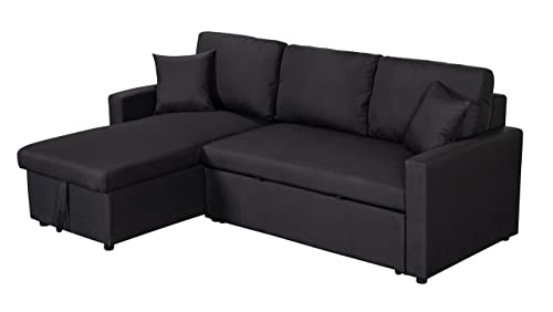 Lovtimber Sectional Sofa with Storage Chaise, L-Shape Linen Reversible Sleeper Corner Couch with 2 Pillows, Pull-Out SofaBed for Home Furniture, Living Room, Apartment, Dorm, Black, 57 Inch