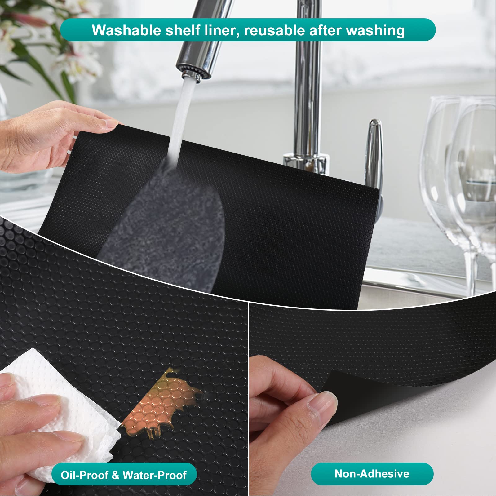 Gocfami Shelf Liners for Kitchen Cabinets, 17.7''x78.7'', Non Adhesive Drawer Liners for Cupboard,EVA Material Non Slip Black Shelf Liners,Waterproof & Durable Cabinet Mat for Bathroom/Pantry/Desk