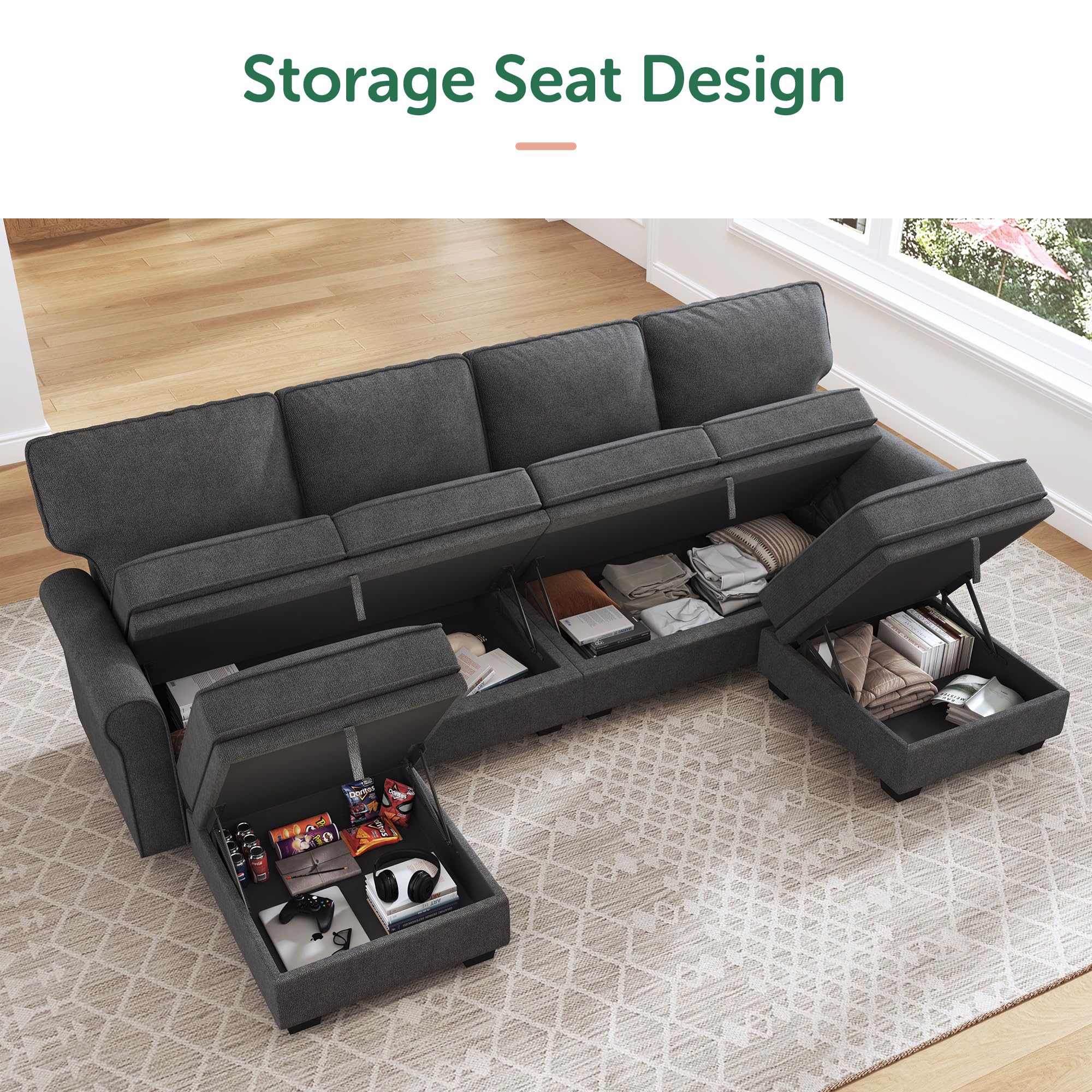 HONBAY U Shaped Sectional Couch with Storage Seat, Reversible Chaise, Convertible for Living Room, Dark Grey