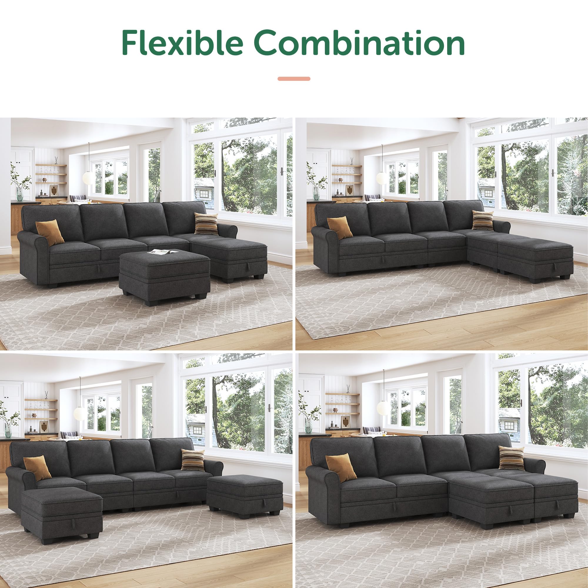 HONBAY U Shaped Sectional Couch with Storage Seat, Reversible Chaise, Convertible for Living Room, Dark Grey