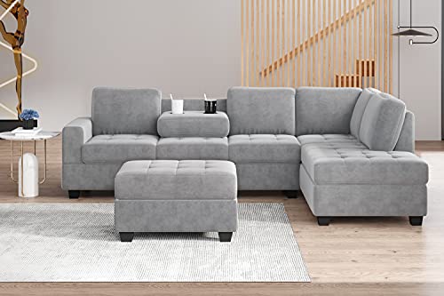 Verfur Fabric Upholstery Convertible Sectional Sofa with Reversible Chaise, L Shaped Couch with Storage Ottoman and 2 Cup Holders Corner, Light Gray 112"