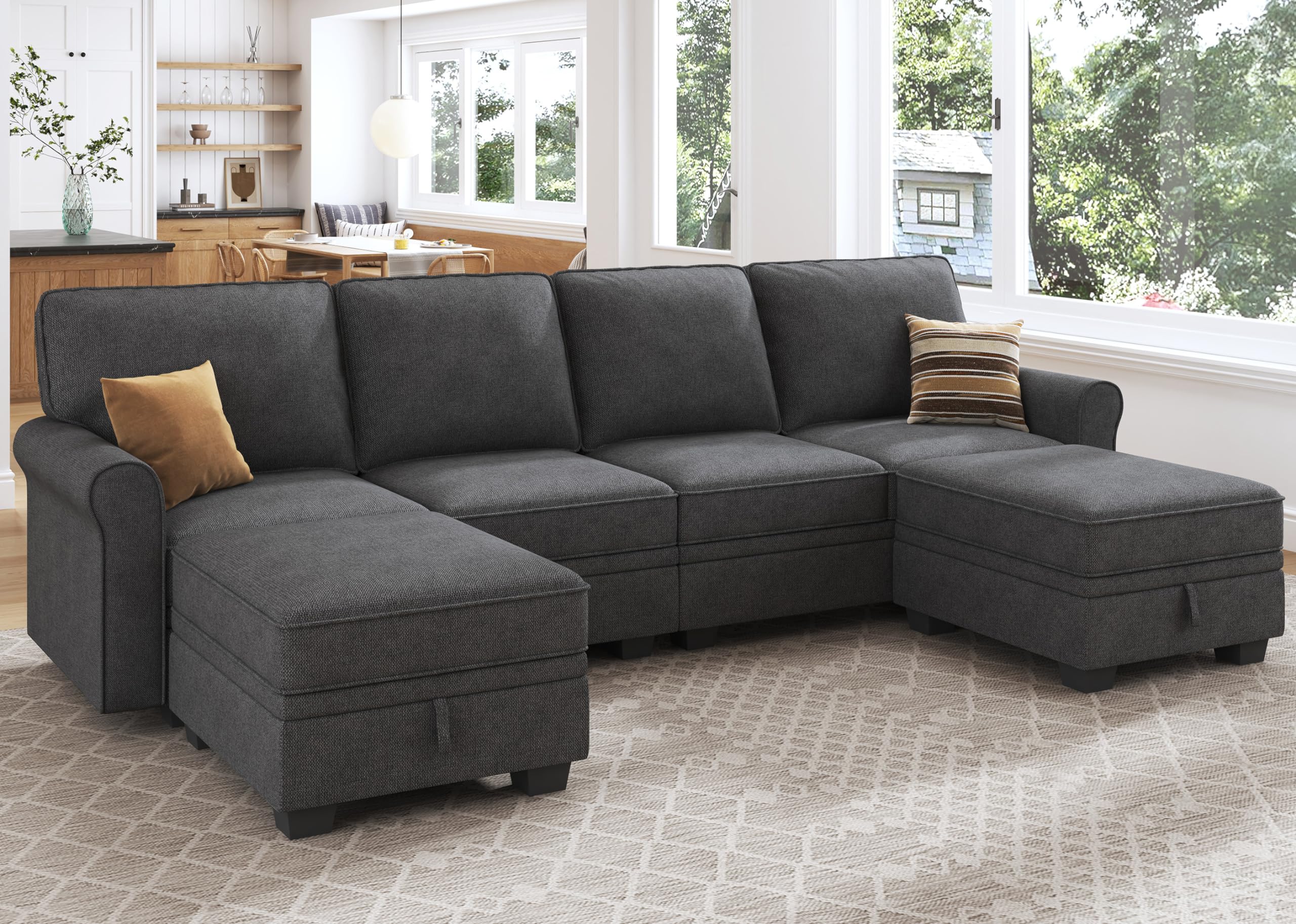 HONBAY U Shaped Sectional Couch with Storage Seat, Reversible Chaise, Convertible for Living Room, Dark Grey