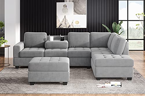 Verfur Fabric Upholstery Convertible Sectional Sofa with Reversible Chaise, L Shaped Couch with Storage Ottoman and 2 Cup Holders Corner, Light Gray 112"