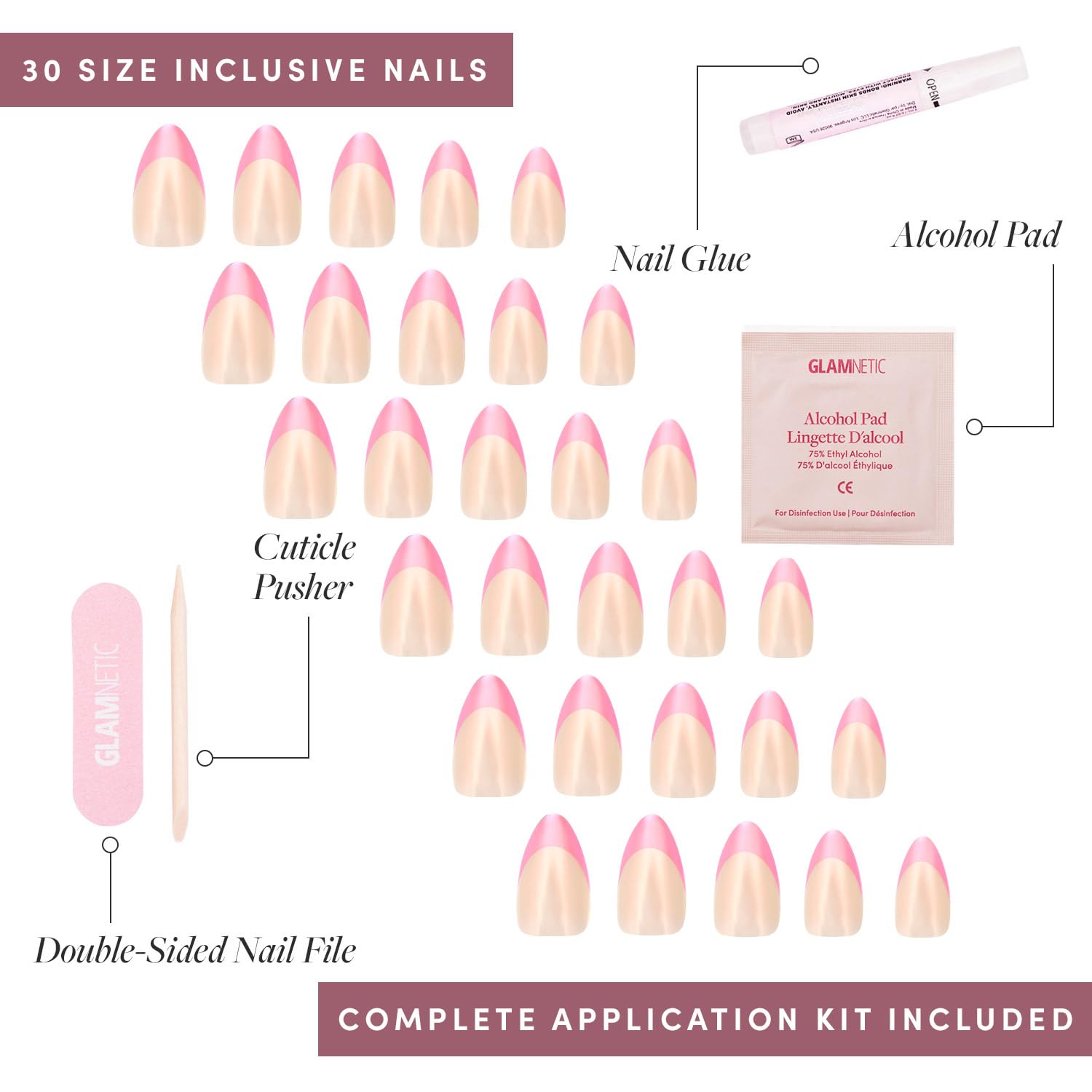 Glamnetic Press On Nails - Bubble Gum Glaze | Short Almond Pink French Tip Nails with a Glaze Finish | 15 Sizes - 30 Nail Kit with Glue